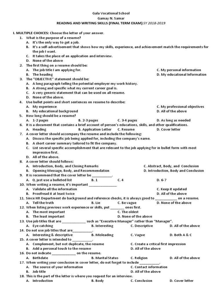 Reading and Writing Skills (Final Term Exam) Sy 2018-2019 I. MULTIPLE ...