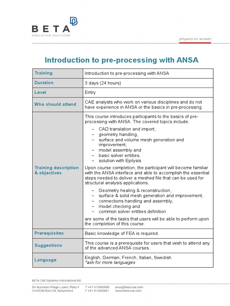 Introduction To Pre-Processing With ANSA: Training Duration Level Who ...