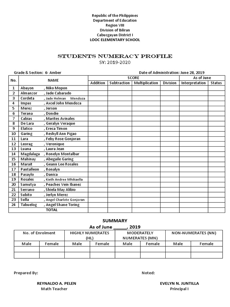 Students Numeracy Profile 2019-2020 | PDF