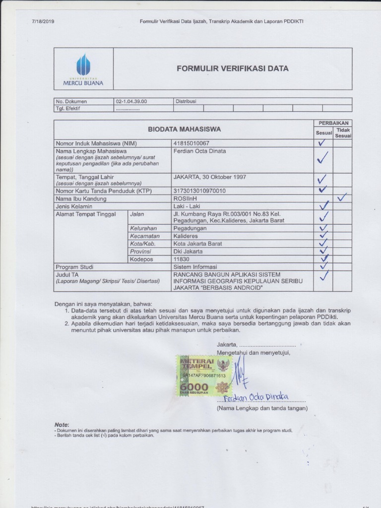 Formulir Verifikasi Data | PDF