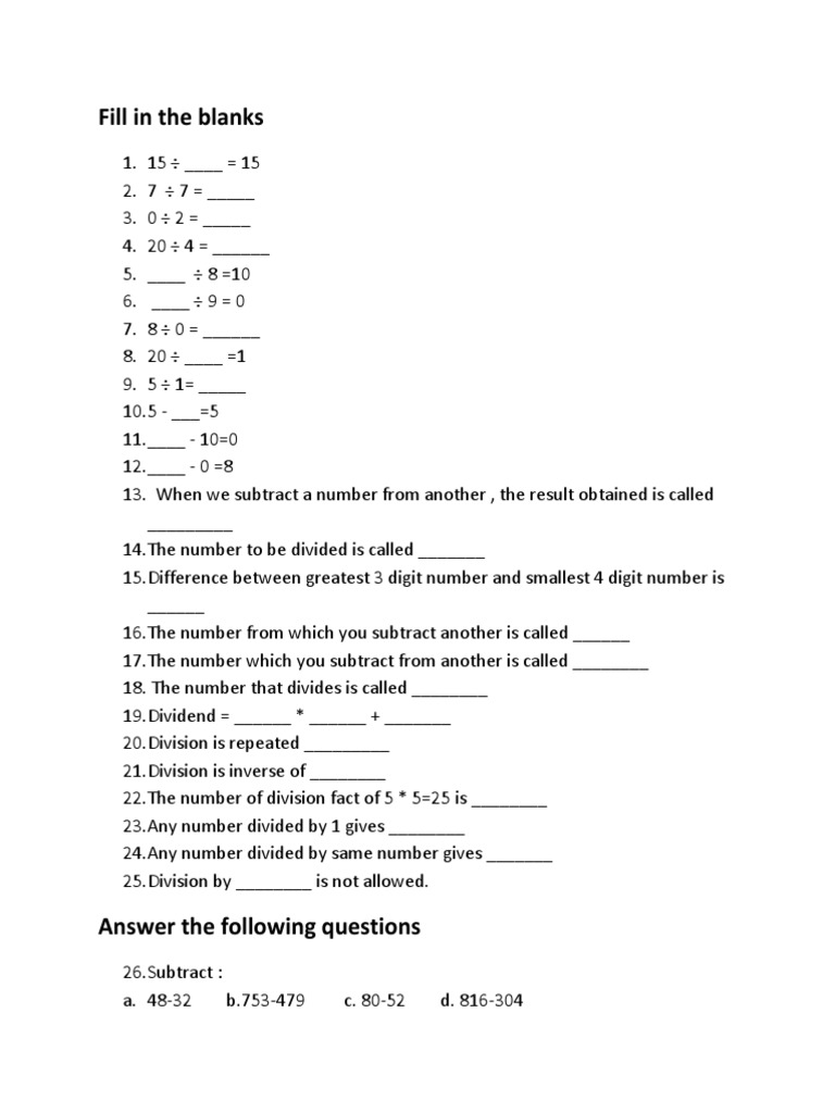 Fill in the blanks and solve word problems involving division and ...