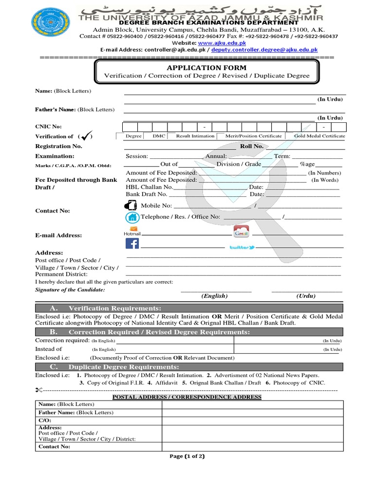 Application Form: Verification / Correction of Degree / Revised ...