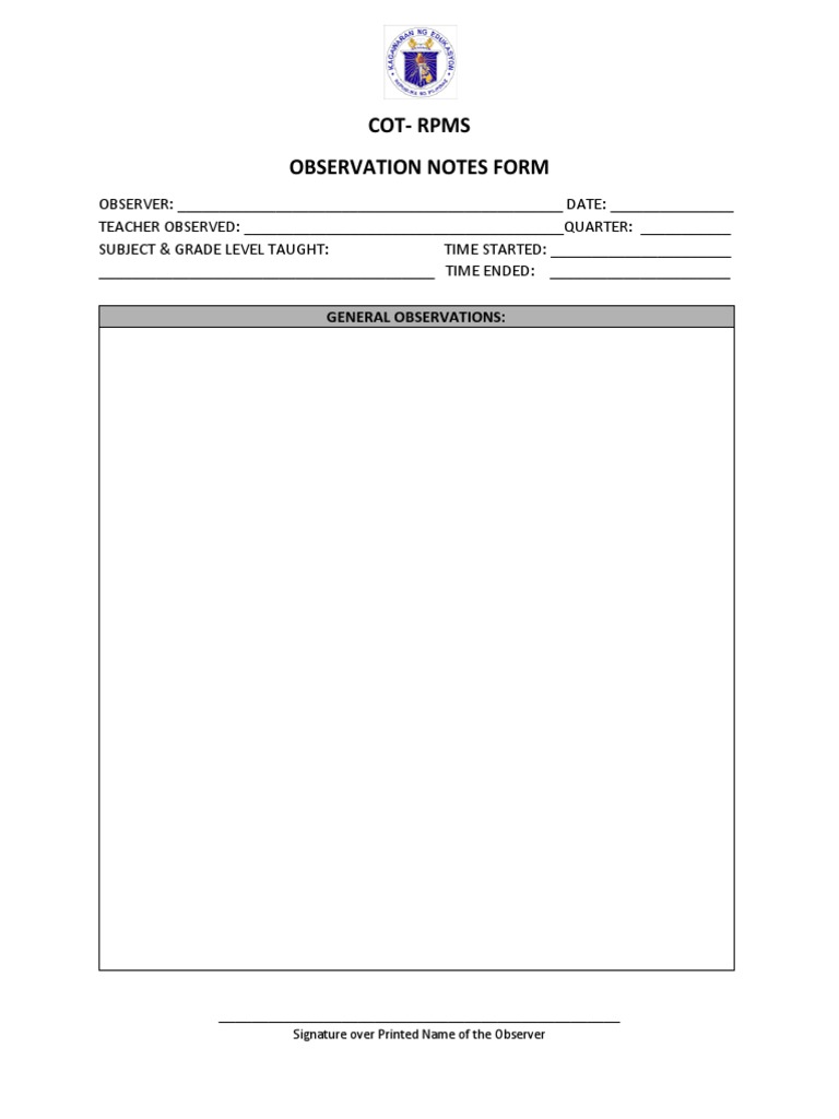Cot-Rpms Observation Notes Form: General Observations | PDF
