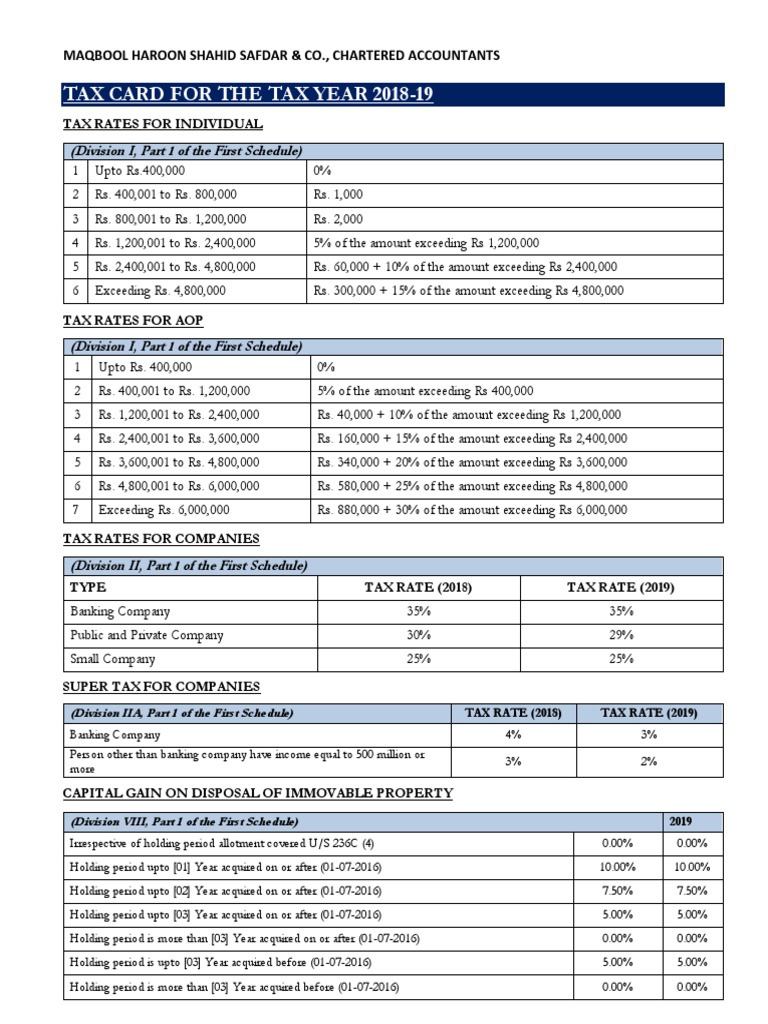 Tax Card For The Tax Year 2018-19: Maqbool Haroon Shahid Safdar & Co ...