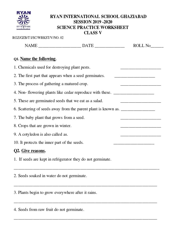 Science Practice Worksheet on Plant Reproduction and Seed Germination ...
