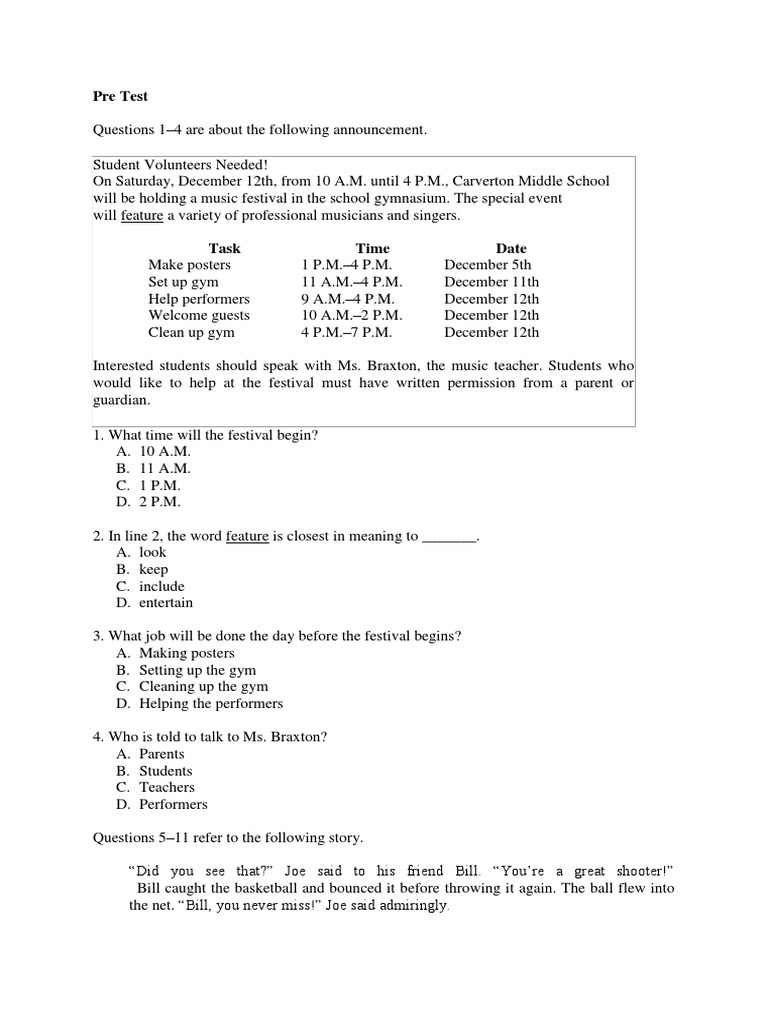 Reading Comprehension Questions | PDF