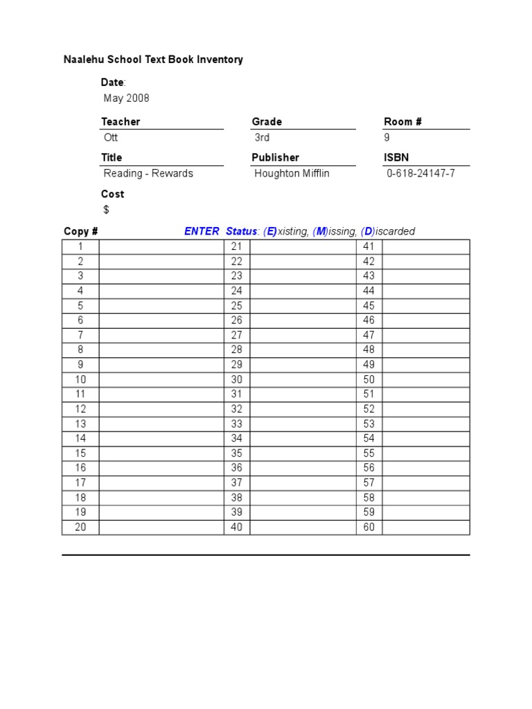 Naalehu School Text Book Inventory Date:: Enter Status: (E) | PDF ...