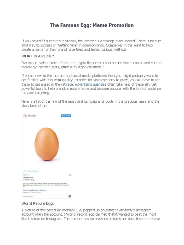 The Famous Egg Meme Promotion What Is A Meme Pdf Cyberspace
