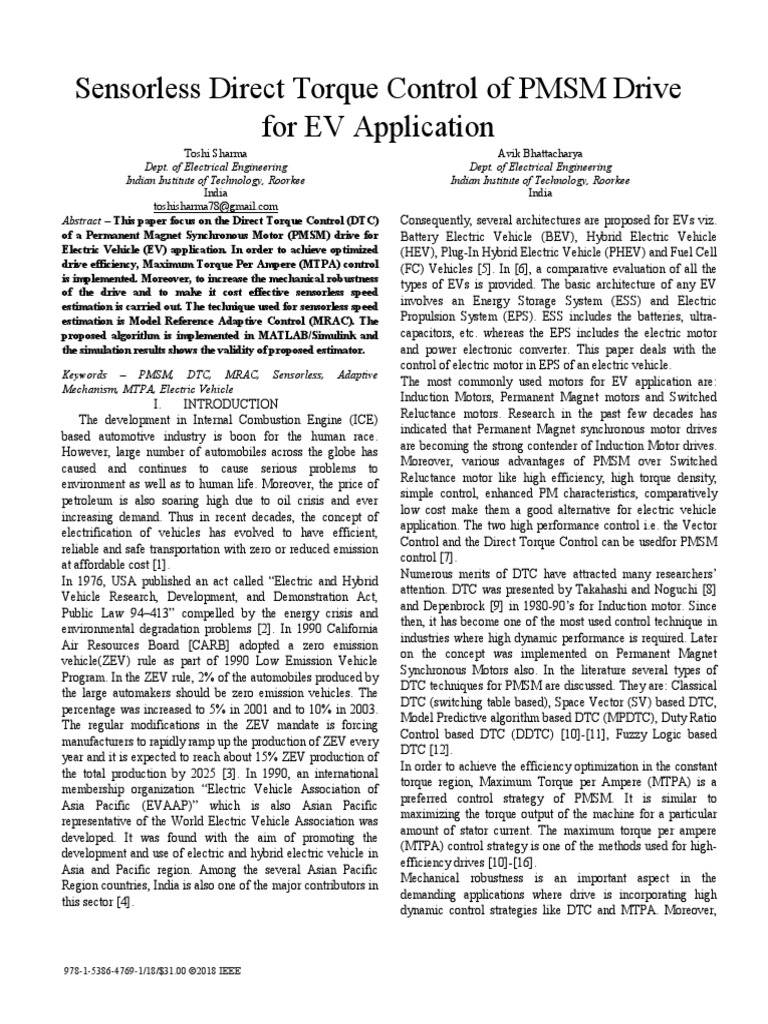 Sensorless Direct Torque Control of PMSM Drive For EV Application | PDF ...
