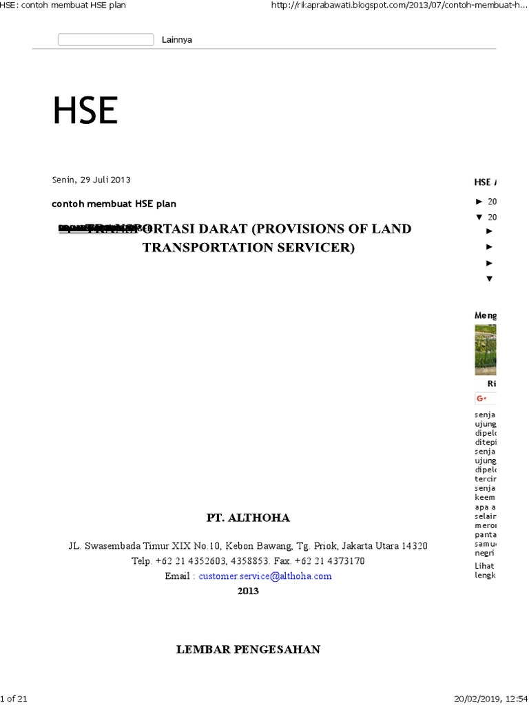 Contoh HSE Plan untuk Proyek K3 | PDF