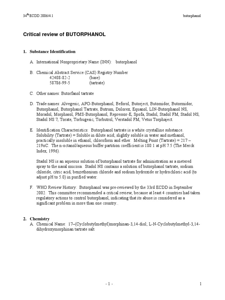 Critical Review of BUTORPHANOL: 1. Substance Identification | PDF | Opioid | Morphine