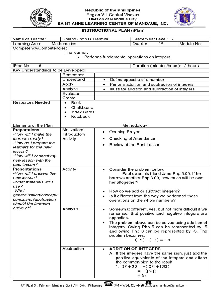 (Sample IPlan) Addition and Subtraction of Integers | PDF | Subtraction ...