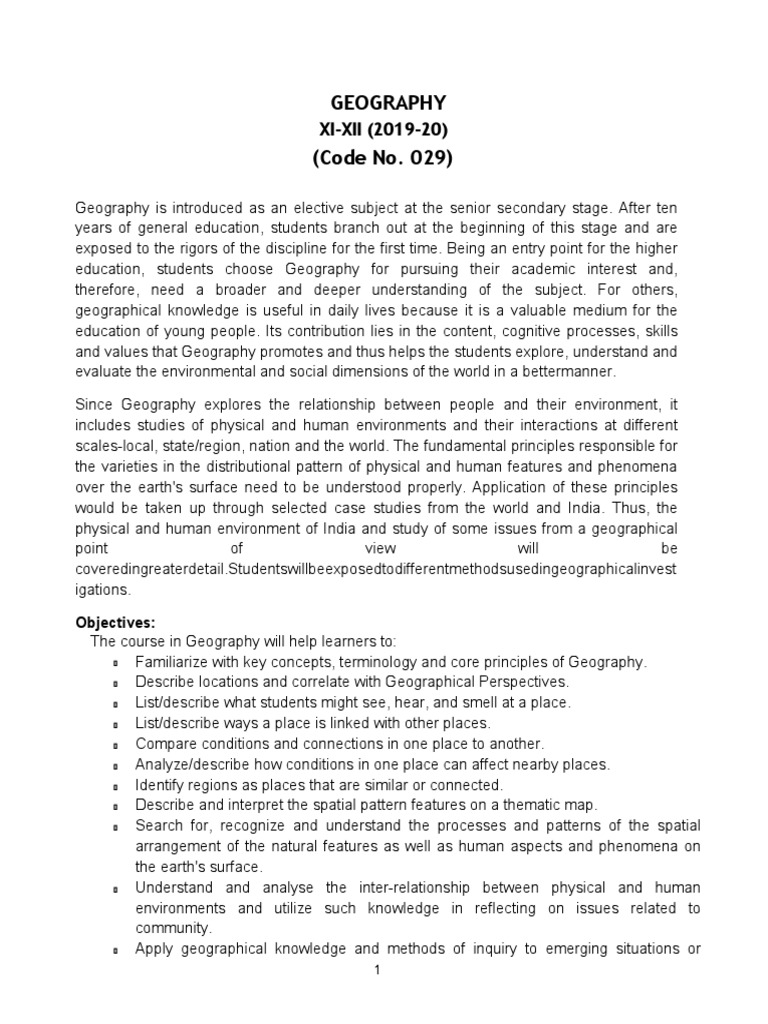 Geography (Code No. 029) : XI-XII (2019-20) | PDF | Geography | Ecology