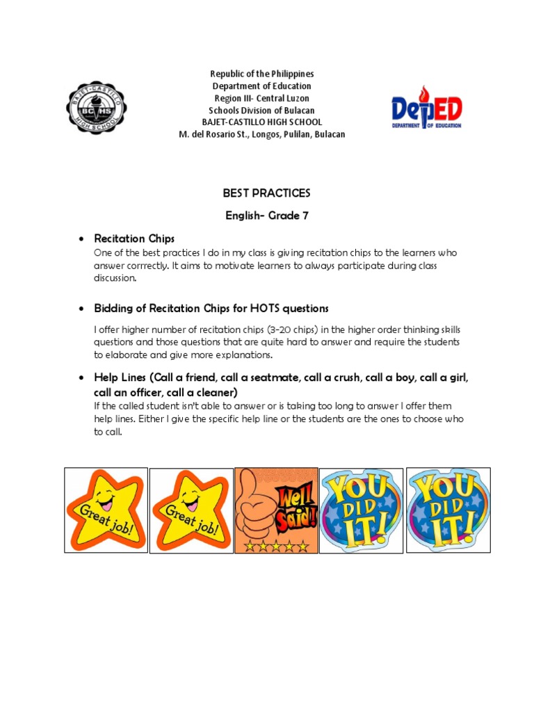 Best Practices English-Grade 7 Recitation Chips | PDF | Vocabulary ...