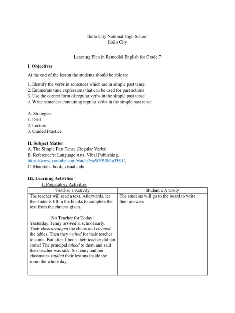 Grade 7 Remedial English Plan | PDF | Grammatical Tense | Verb