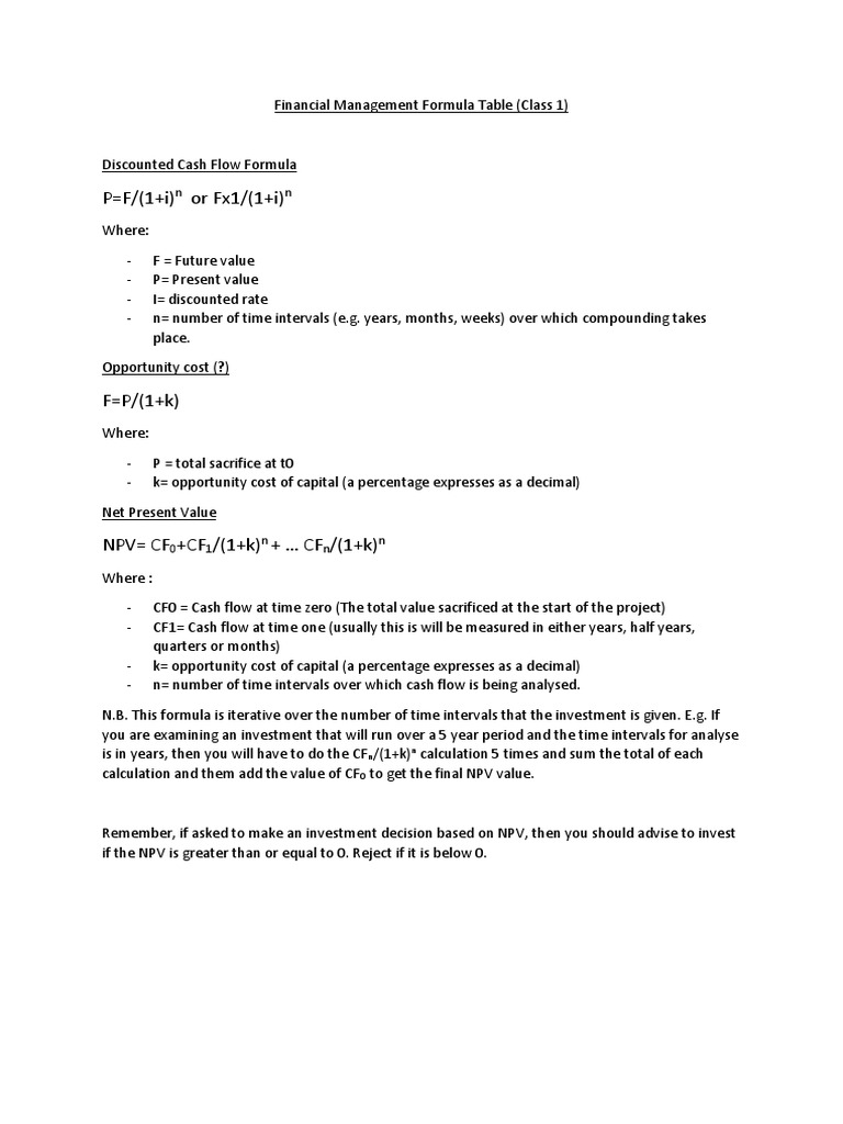 Financial Management Formula Table | Download Free PDF | Net Present ...