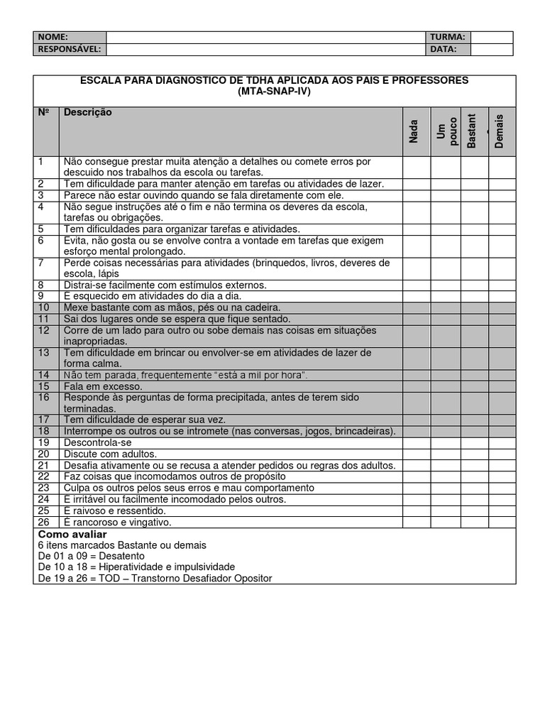 Teste Tdha | PDF | Transtorno de déficit de atenção e hiperatividade