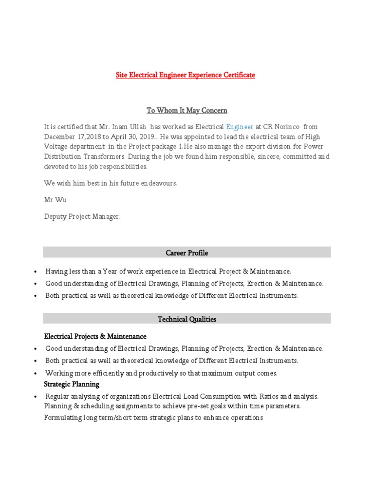 Electrical Engineer Experience Certificate | PDF | Electronic ...