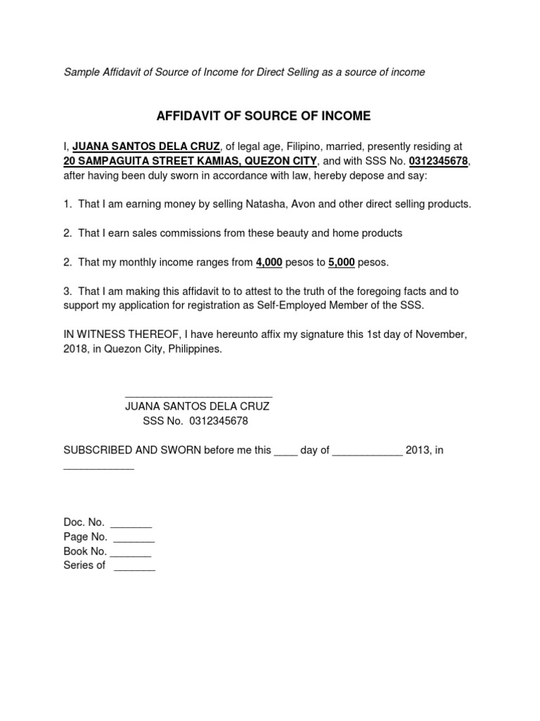 Sample Affidavit of Source of Income SSS | PDF