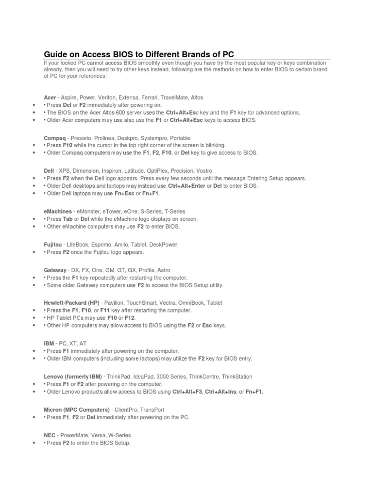 Guide On Access BIOS To Different Brands of PC | PDF | Personal ...