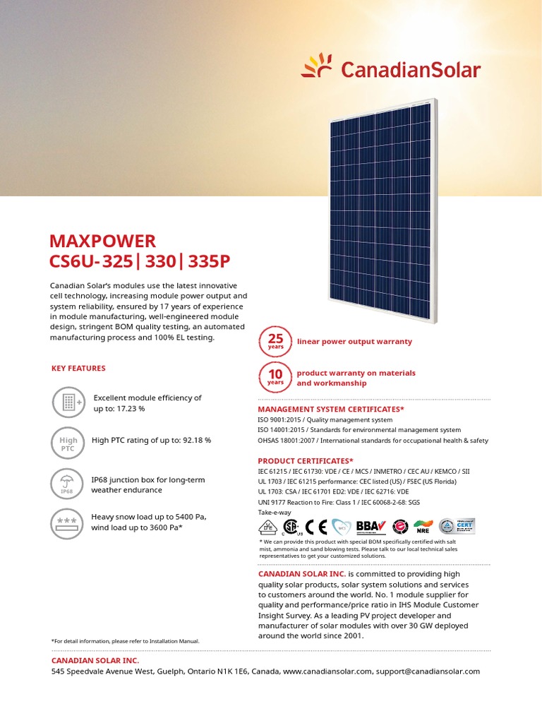 Canadian Solar Datasheet MaxPower CS6U P v5.571 en 1 | PDF | Solar ...