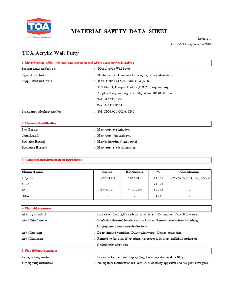 Msds E-Toa Acrylic Wall Putty 1 | PDF | Dangerous Goods | Personal ...