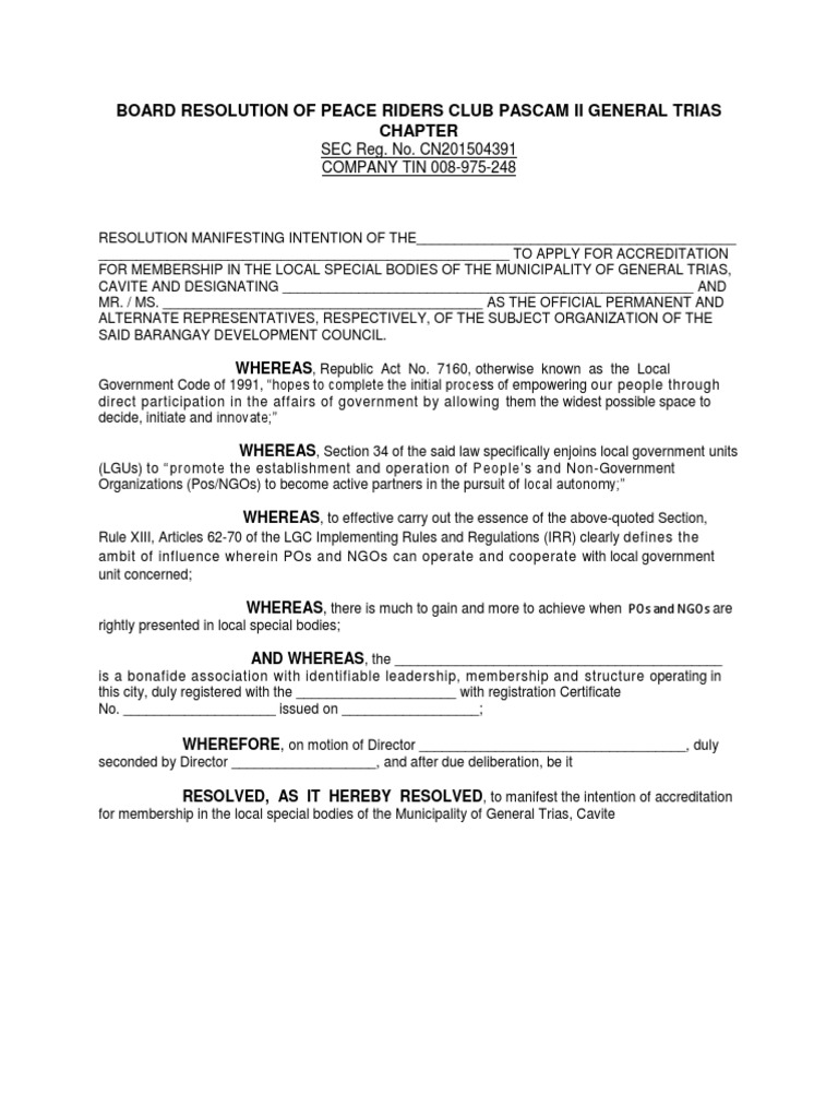 Accreditation Resolution for Peace Riders Club | PDF | Board Of ...