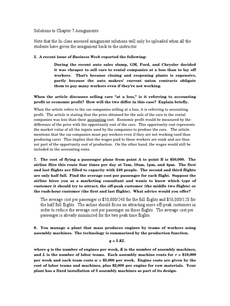 Solutions To Chapter 7 Assignments | PDF | Average Cost | Production Function