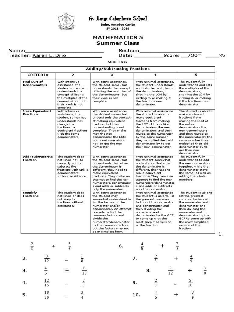 Rubric in Adding and Subtracting | PDF | Fraction (Mathematics ...