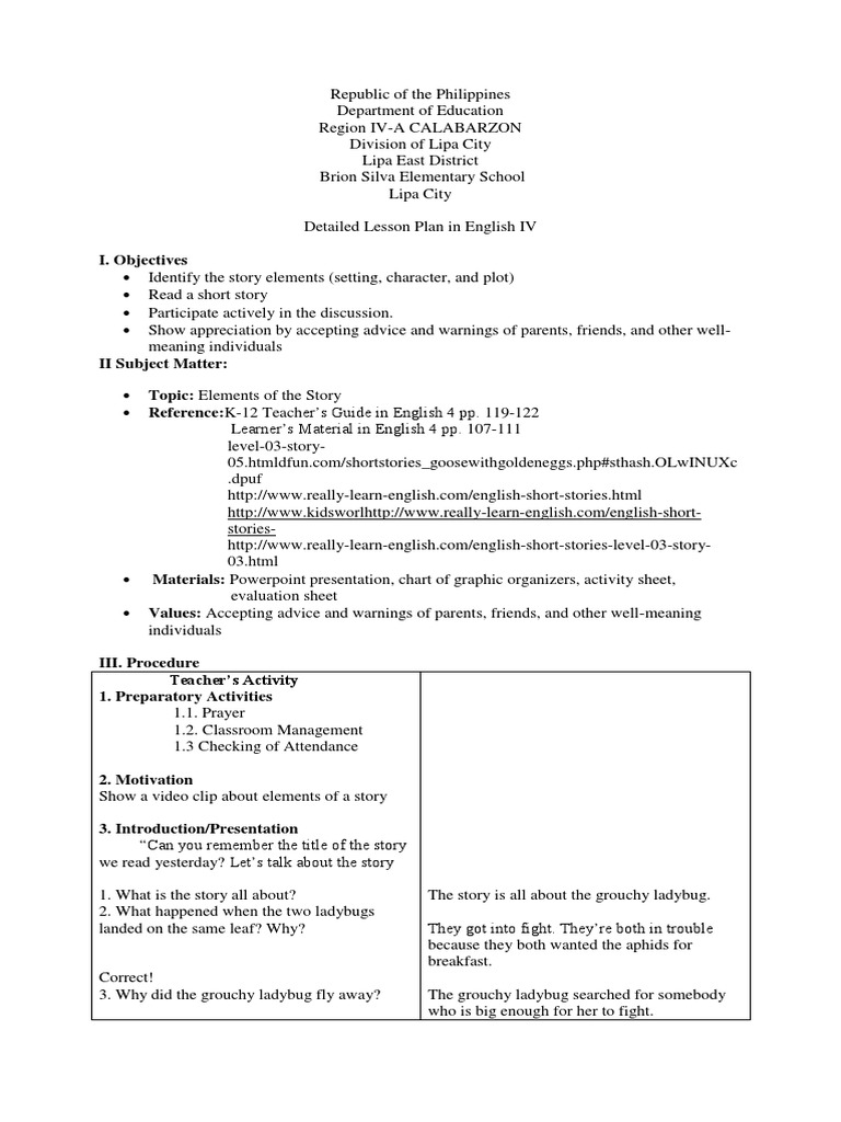 Eng4. Elements | PDF | Lesson Plan