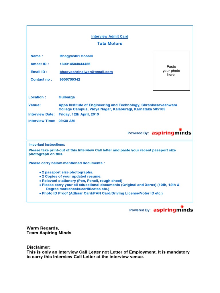 Interview Admit Card | PDF