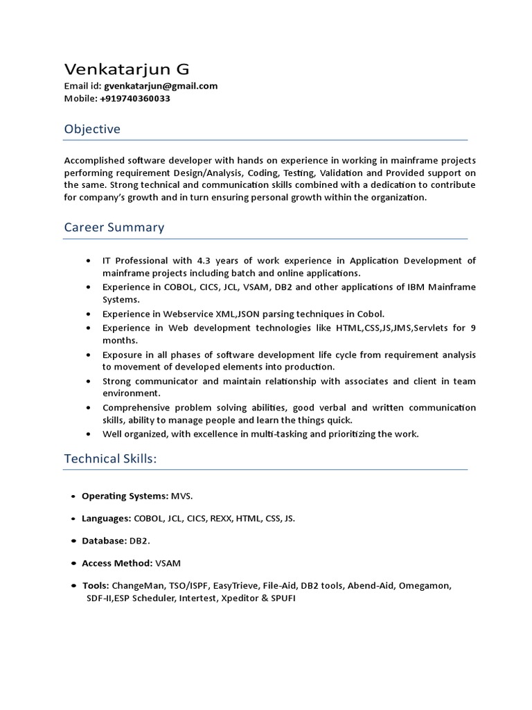 Mainframe Developer Resume Summary | PDF | Software Development ...