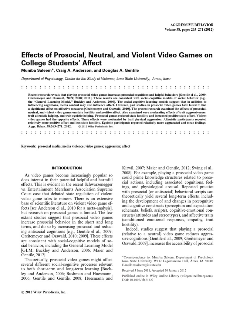 Effects of Prosocial, Neutral, and Violent Video Games On College ...