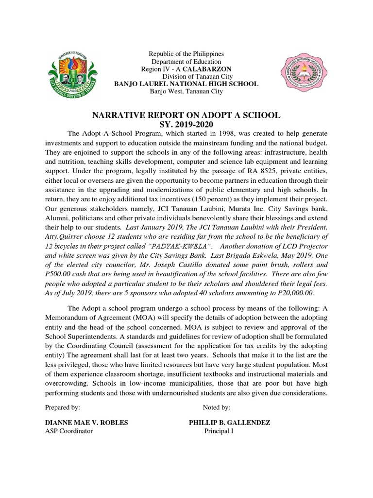 Narrative Report On Adopt A School SY. 2019-2020: Banjo Laurel National ...