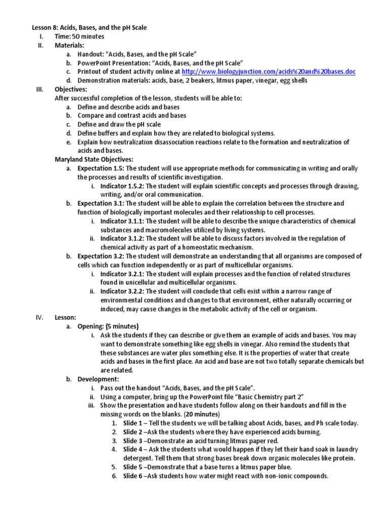 Day 8 - Lesson Plan - Acids, Bases, and PH | PDF | Ph | Buffer Solution