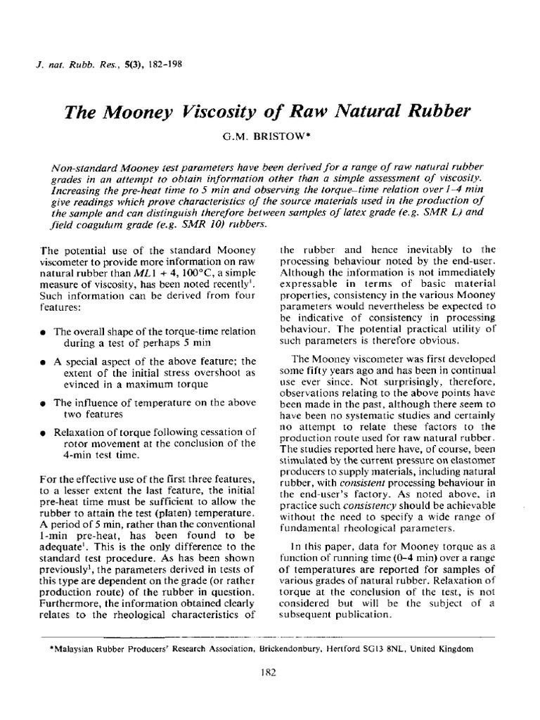 The Mooney Viscosity of Raw Natural Rubber: J. Not. Rubb. Res., 5 (3 ...