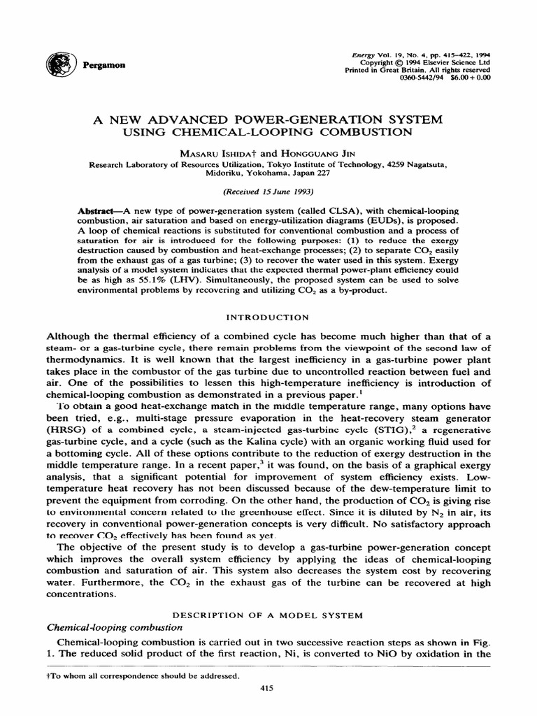 A New Advanced Power-Generation System Using Chemical-Looping ...