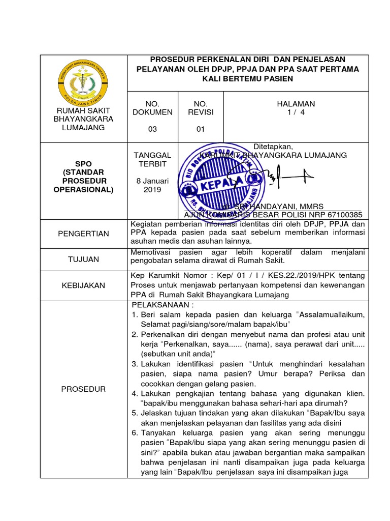 Prosedur Perkenalan Diri Dan Penjelasan Pelayanan Oleh DPJP, Ppja Dan Ppa Saat Pertama Kali ...