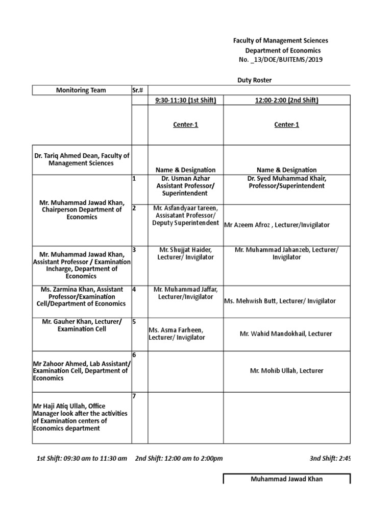 Faculty of Economics Duty Roster 2019 | PDF | Academia