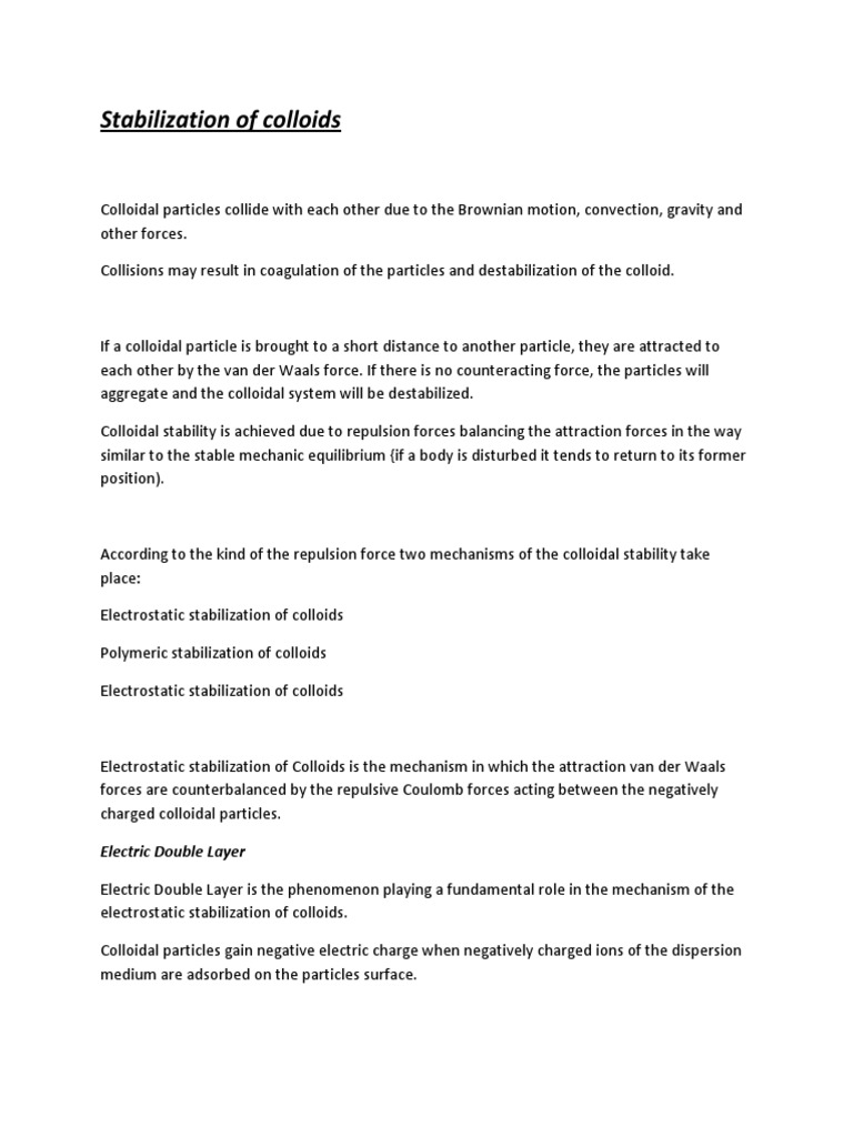 Stabilization of Colloids: Electric Double Layer | PDF | Physics ...