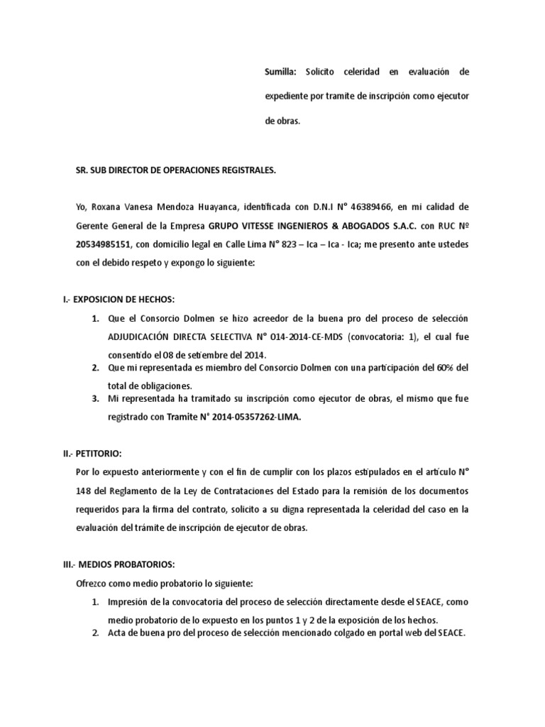 Solicitud Celeridad RNP Ejecutor de Obras | PDF