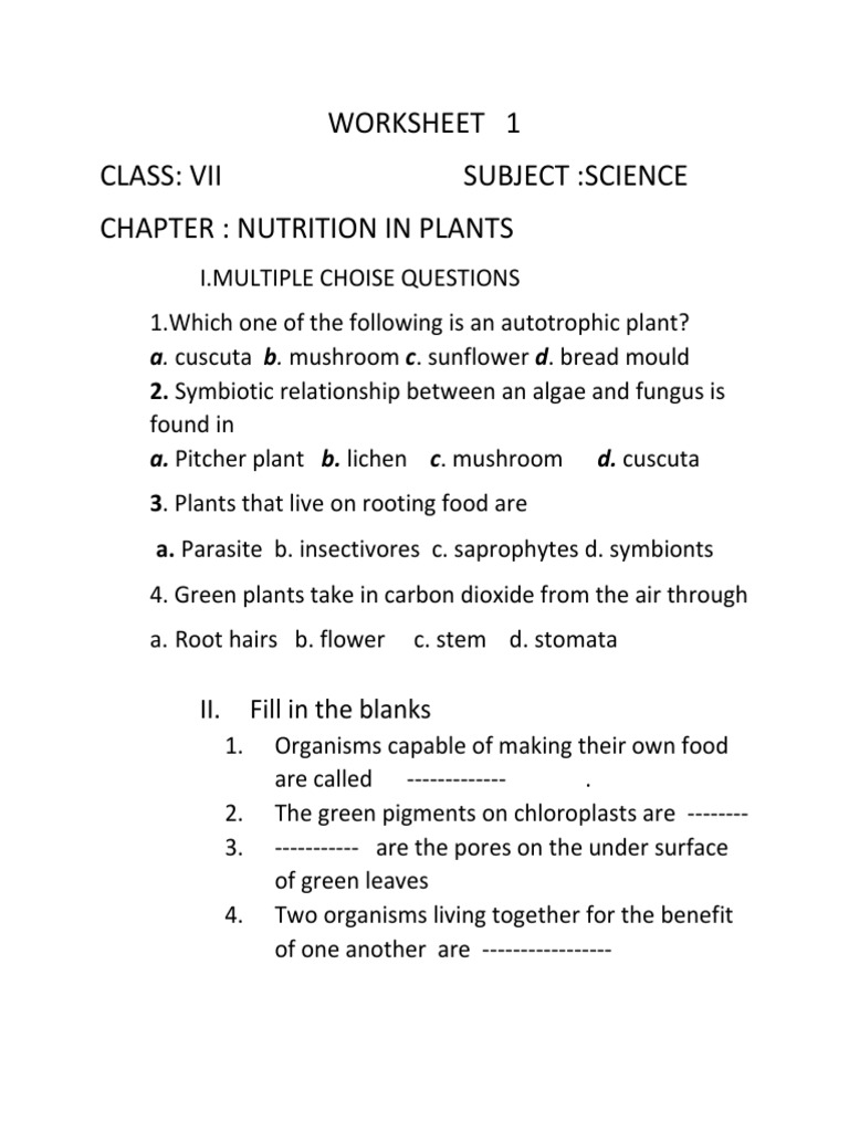 Nutrition in Plants and Animals: Worksheets Covering Key Concepts | PDF ...