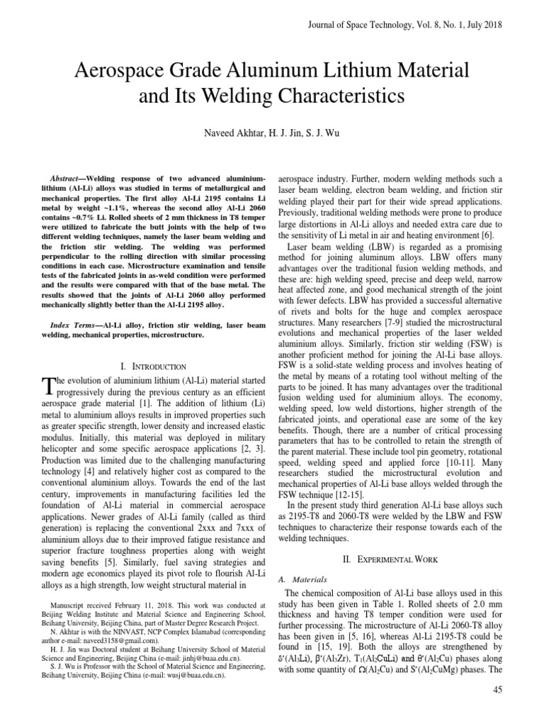 Aerospace Grade Aluminum Lithium Alloys and Their Welding ...