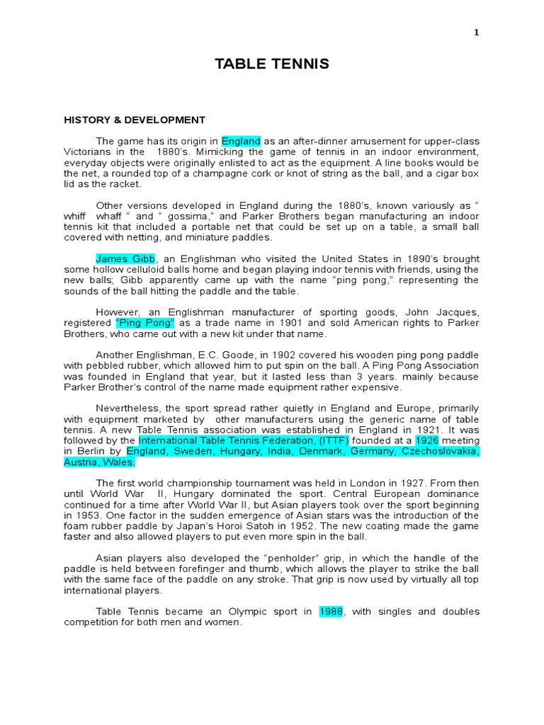 Table Tennis: History & Development | PDF | Table Tennis | Racquet Sports