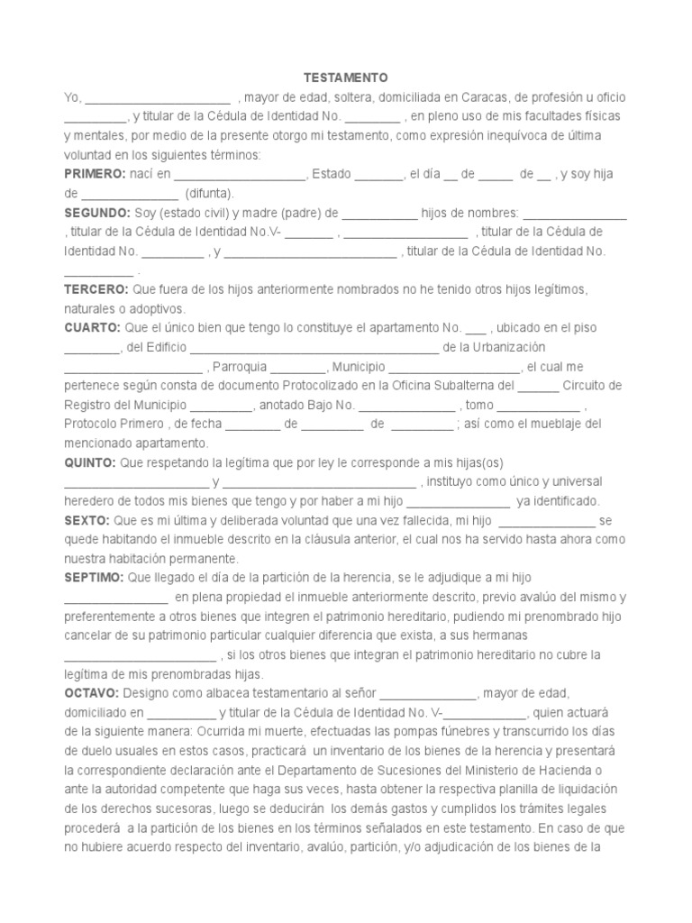Modelo Testamento | PDF | Voluntad y testamento | Herencia