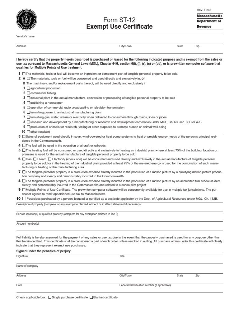 MA Tax Exempt Form St-12 | PDF | Use Tax | Taxes