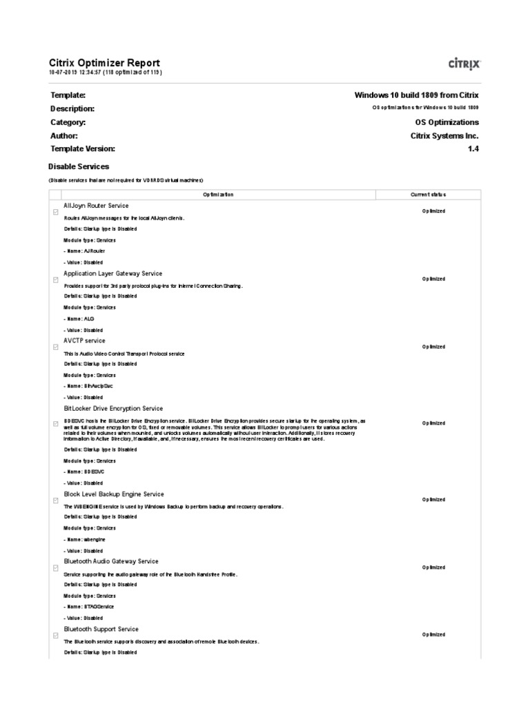 Citrix Optimizer Report | PDF | Windows Registry | Computer Network