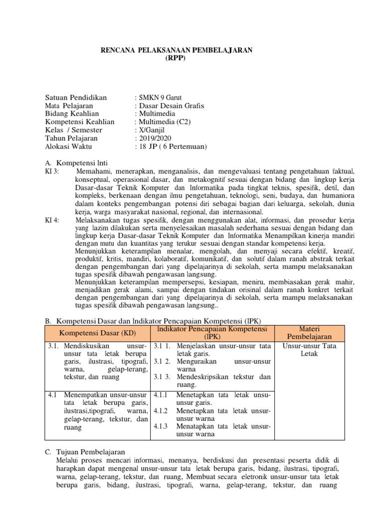 RPP 3.1 DASAR DESAIN GRAFIS KELAS X 1e | PDF