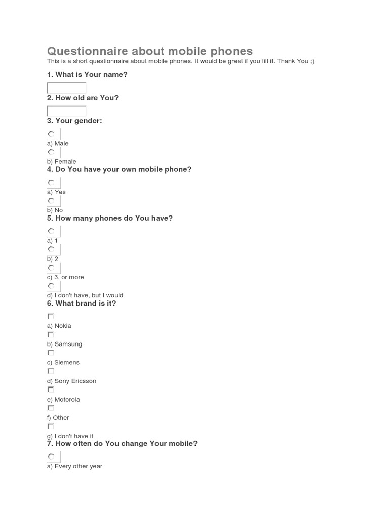 Mobile Phone Usage Questionnaire | PDF