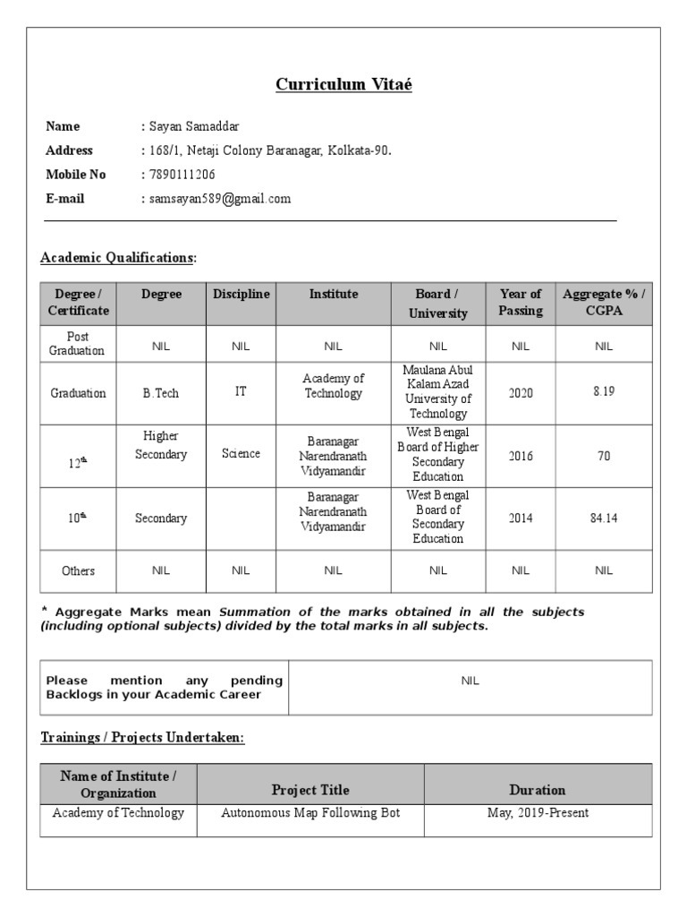 TCS Resume Format | PDF | Academic Degree | Learning